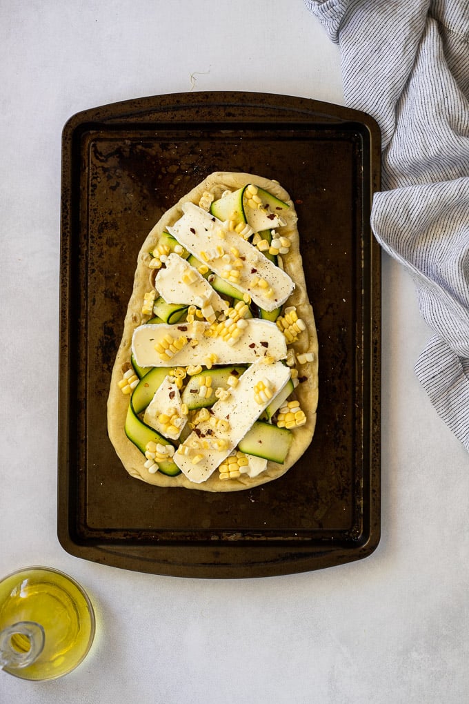 Zucchini and Corn Flatbread Pizza with Brie