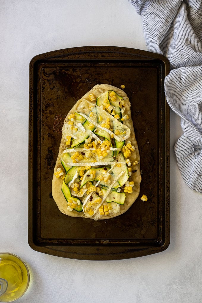 Zucchini and Corn Flatbread Pizza with Brie